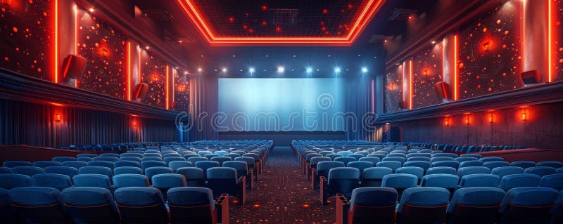 Modern Cinema Hall with Empty White Screen and Vibrant Lighting Stock ...