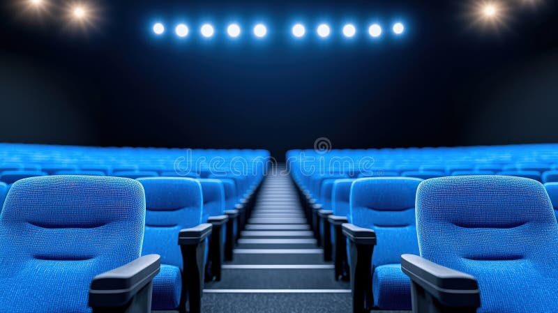 Modern Cinema Hall Featuring Rows of Blue Seats and Bright Ceiling ...