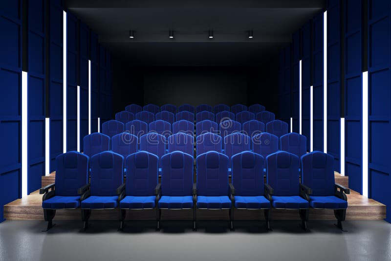 Modern Cinema Hall Interior with Empty Blue Seats and Illuminated Walls ...