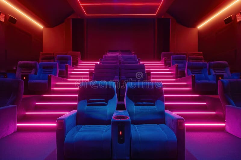 Modern Cinema Interior Design with Blue Seats and Pink Neon Lights ...