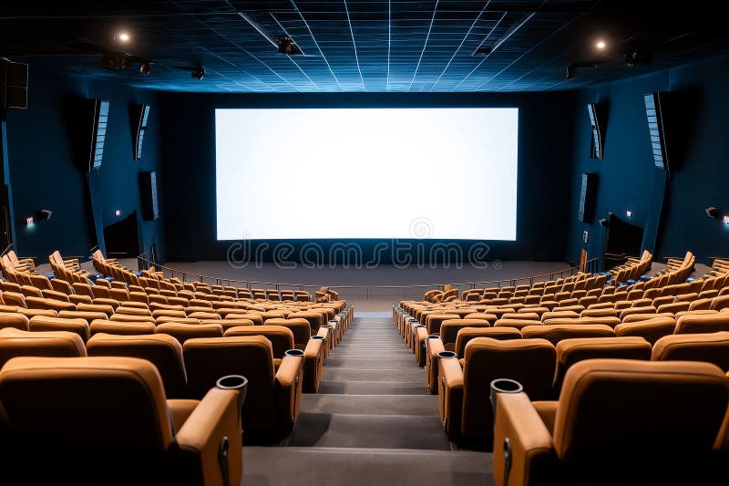 Modern Cinema Interior Featuring Empty Rows of Orange Seats Facing ...
