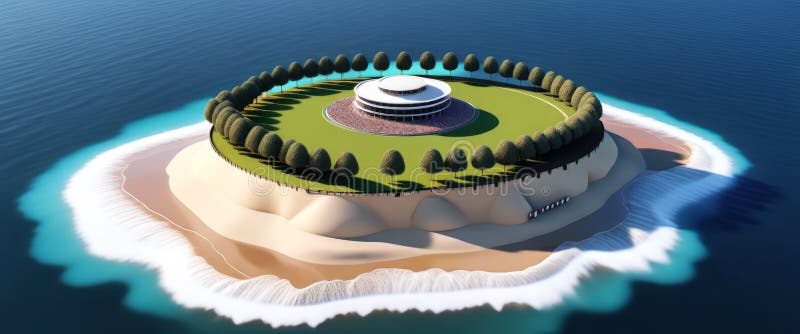 Modern Circular Building on a Lush Island Surrounded by Blue Ocean ...