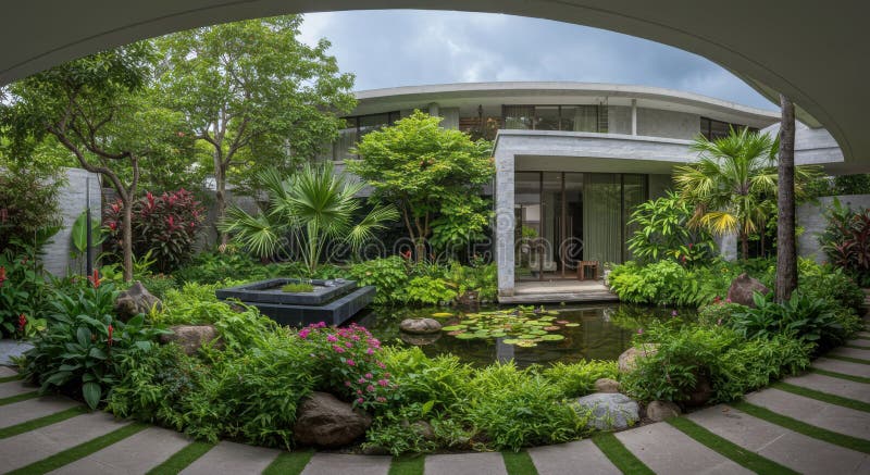 Circular Modern Garden Courtyard with Pathway and Tropical Plants â ...