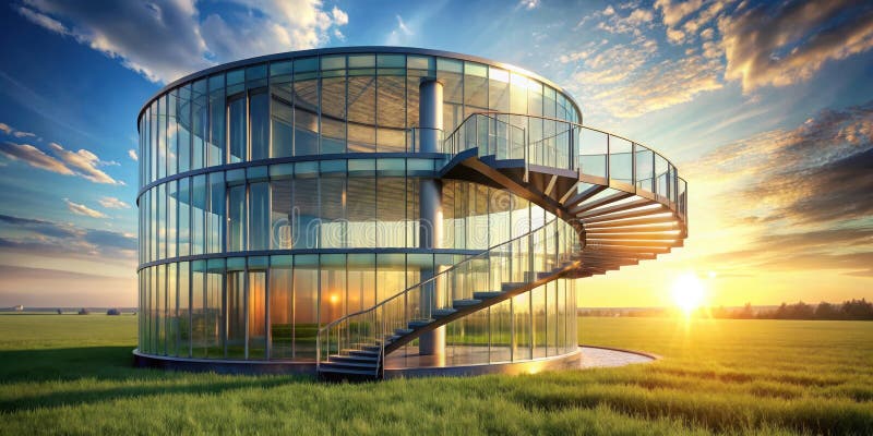Modern Circular Glass House with a Spiral Staircase at Sunset ...