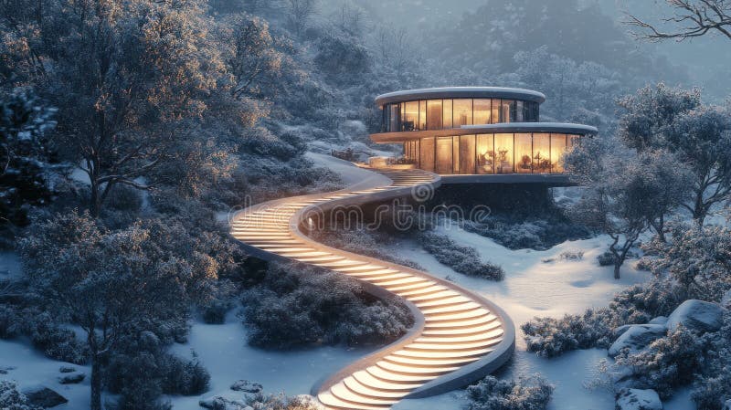 A Modern, Circular House with Large Windows Sits on a Snow-covered ...