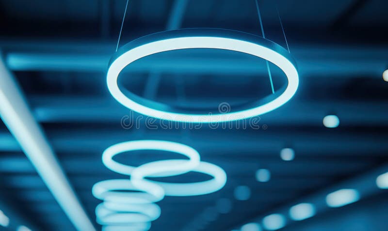 Modern Circular LED Ceiling Lights in Futuristic Interior Stock ...