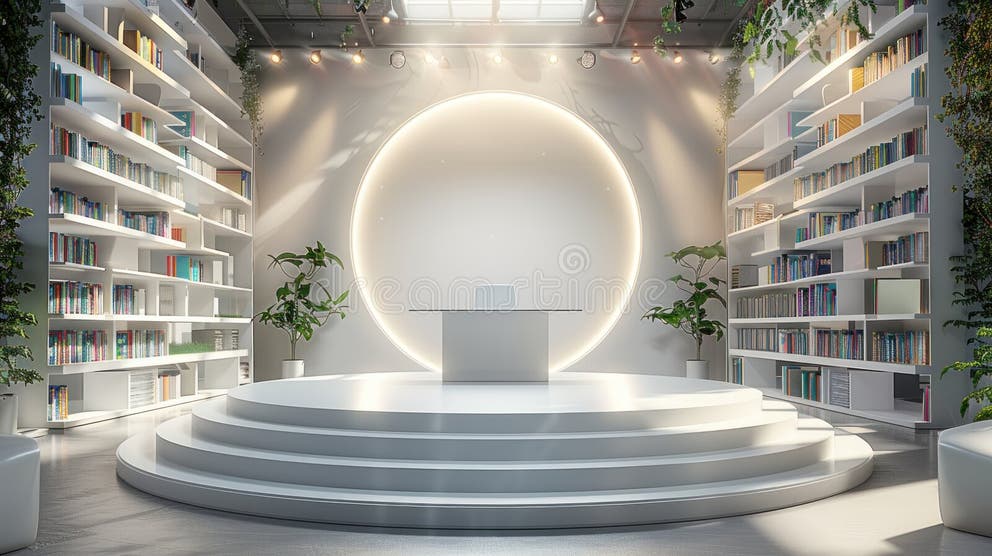 Modern Circular Library with Illuminated Bookshelves. Stock ...