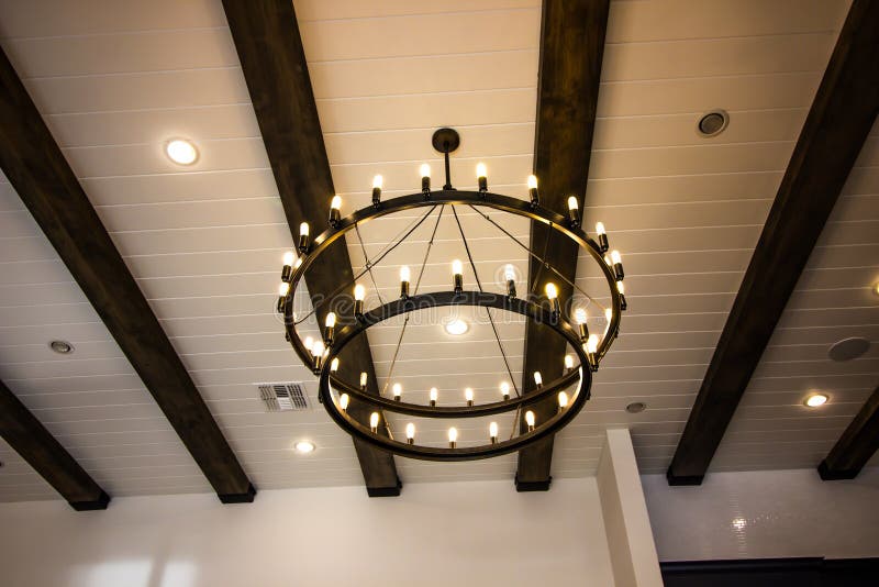 Modern Circular Metal Chandelier Hanging from Ceiling Stock Photo ...