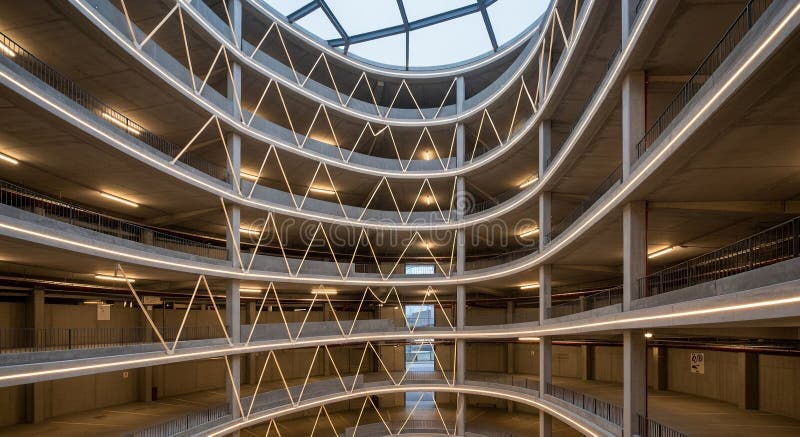 Modern Circular Parking Garage with Illuminated Ramps and Geometric ...