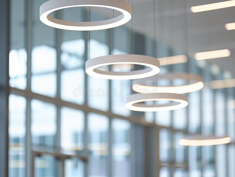 Modern Circular Pendant Lights in Office Stock Image - Image of lights ...