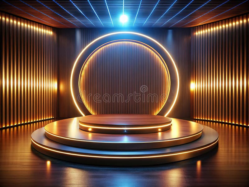 Modern Circular Stage with Dark Wood Floor and Metallic Ring a ...