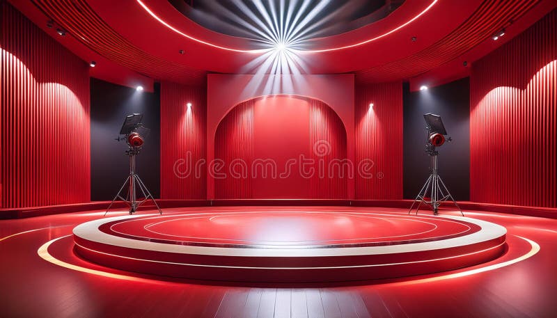 Modern Circular Stage in a Red Room with Spotlights. 3D Rendering Stock ...