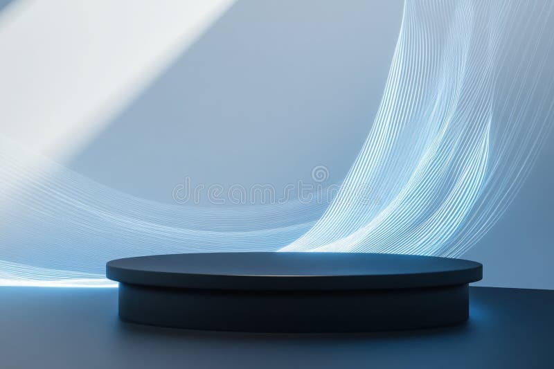 Modern Circular Stage with Soft Blue Lighting and Wave Designs in a ...