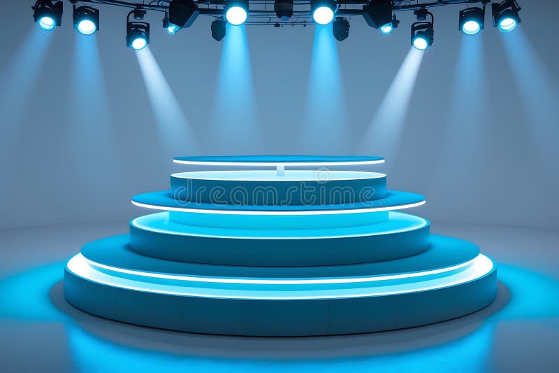 Modern Circular Stage with Tiered Levels Illuminated by Bright Blue ...