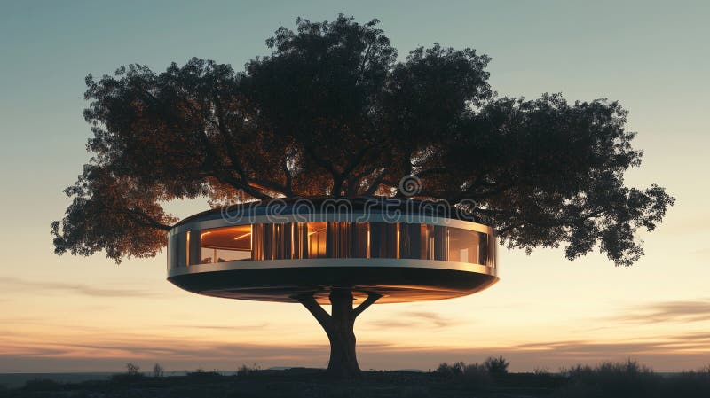 A Modern, Circular Treehouse Encircles a Large Tree Stock Illustration ...