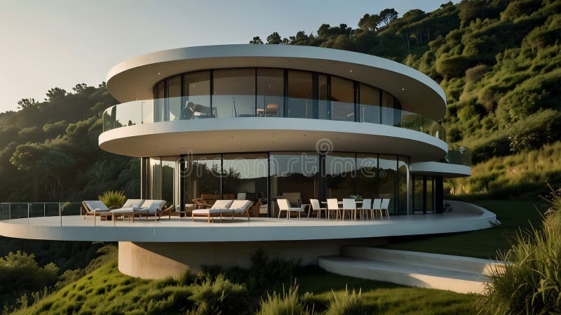 Modern Circular Villa Nestled in Lush Hills Stock Illustration ...