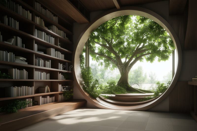 Modern Circular Window Frames Tree in Tranquil Reading Nook Stock ...