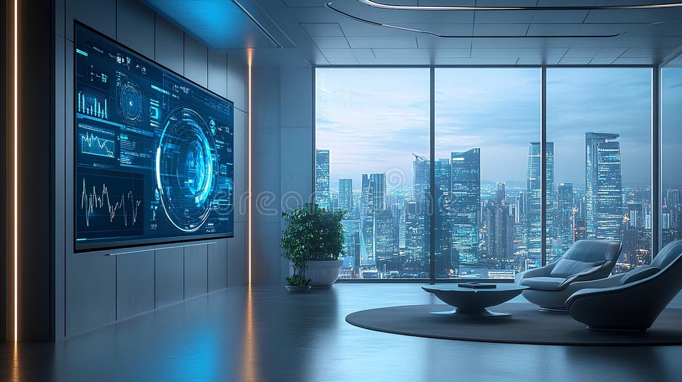 Modern City Apartment Night Interior with Data Visualization Screen ...