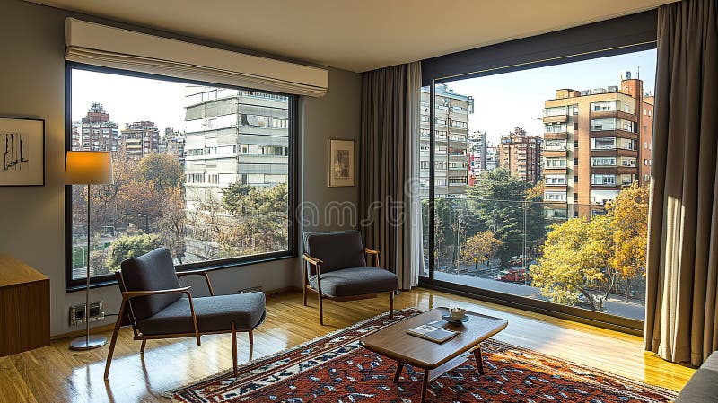 Modern City Apartment Living Room with Panoramic Views Stock ...