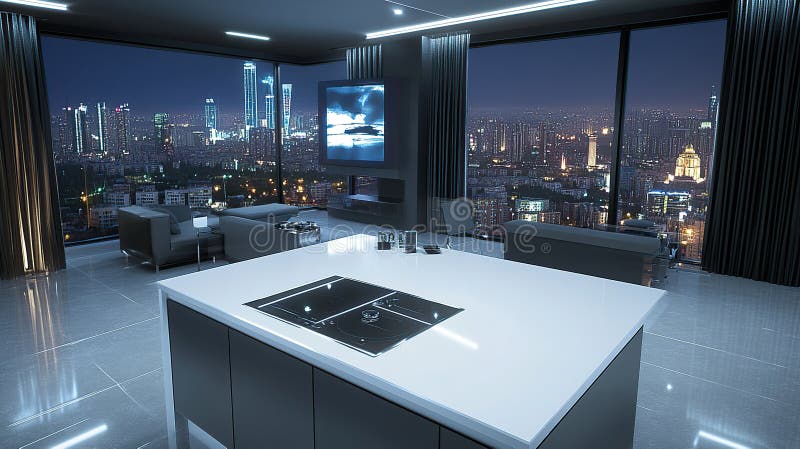 Modern City Apartment Night View Kitchen Stock Photo - Image of decor ...