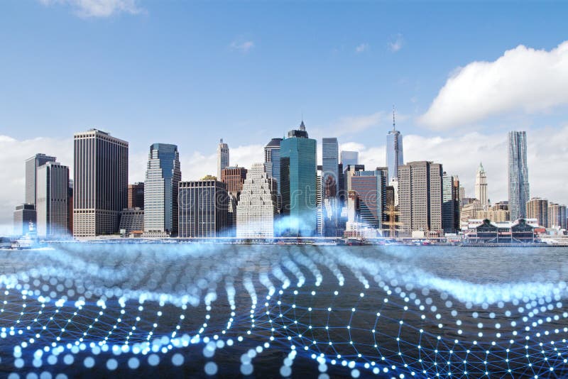 Modern City Backdrop with Abstract Polygonal Wave Waterfront Mesh and ...