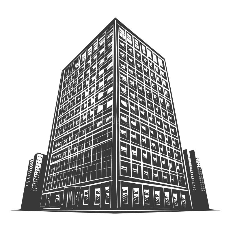 Modern Office Building, Cityscape Perspective, Monochrome Illustration ...