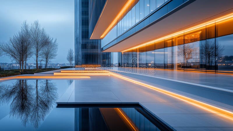 Modern City Building Exterior at Night with Warm Lighting Stock ...