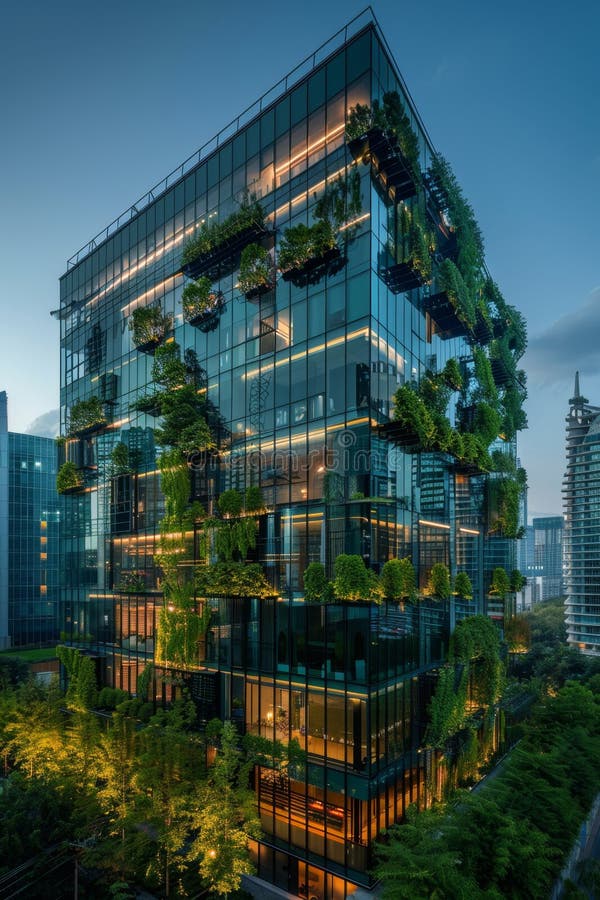 Modern City Building with Green Tree Branches for Heat Reduction and ...