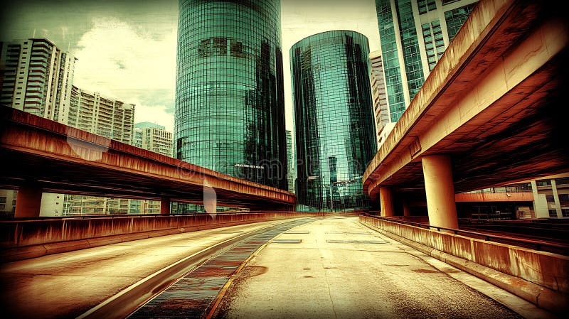 Modern City Buildings Seen from Below Elevated Transportation System ...