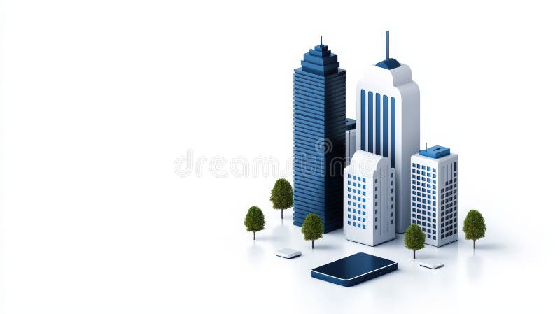 Modern City Buildings with Trees and Smartphone Stock Illustration ...