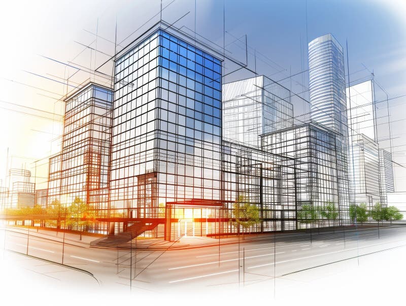 Modern City Center Under Construction with Architectural Drawings Stock ...