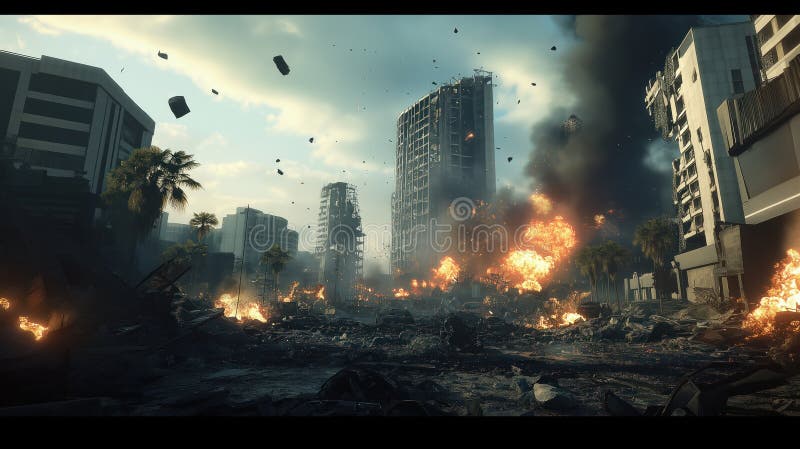 Modern City Destroyed by Explosions. Buildings are Damaged and on Fire ...