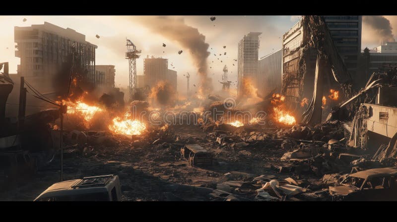 Modern City Destroyed by Explosions. Fire, Chaos in Ruined City ...