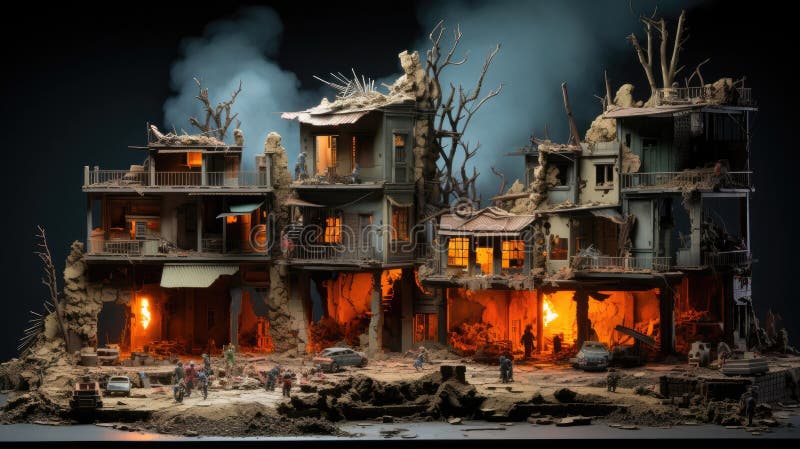 Modern City Destroyed by Explosions, War Destruction in Combat, Broken ...