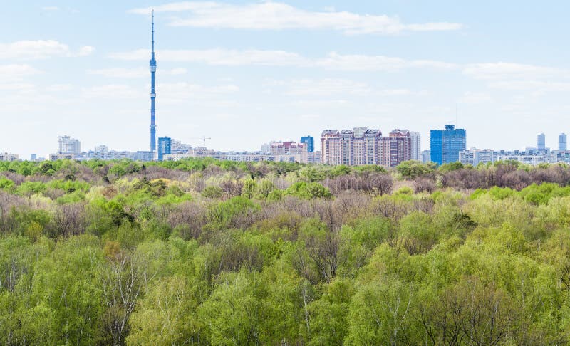 Modern City and Green Forest in Spring Stock Image - Image of leaves ...