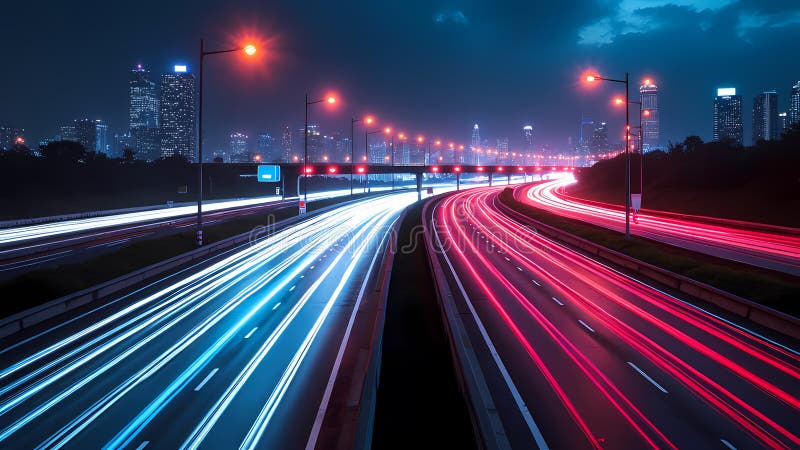 Modern City Highway with Dynamic Light Trails Stock Image - Image of ...