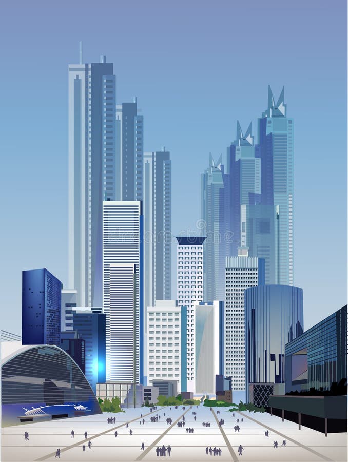 Modern City Illustration with Skyscrapers Stock Vector - Illustration ...