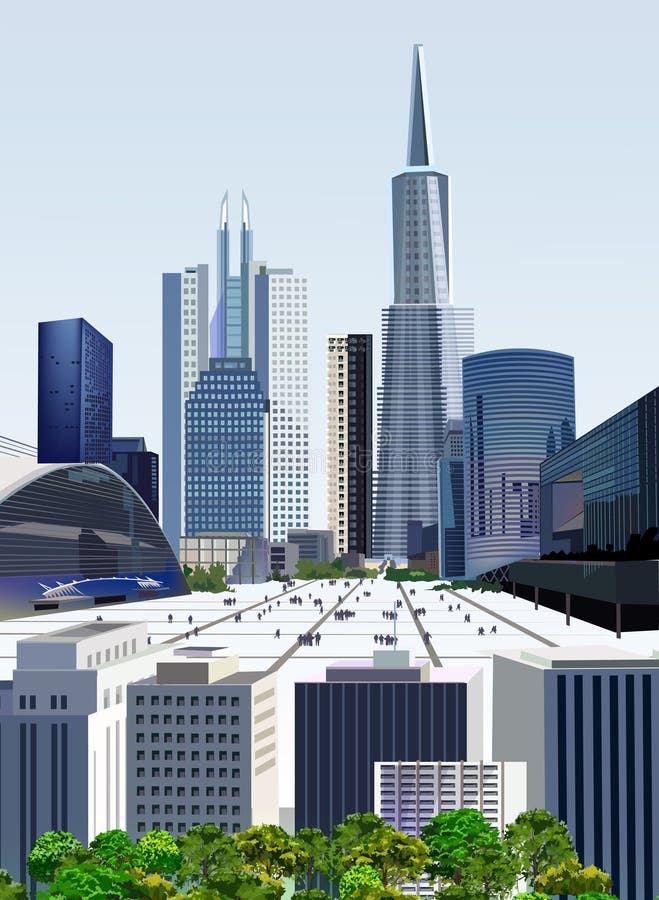 Modern City Illustration with Skyscrapers Stock Vector - Illustration ...