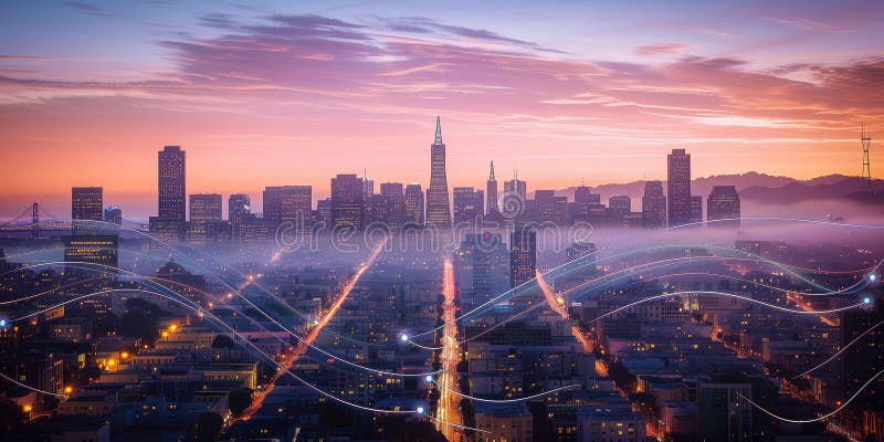 Modern City Landscape Showing Dots and Line Representing High-speed ...