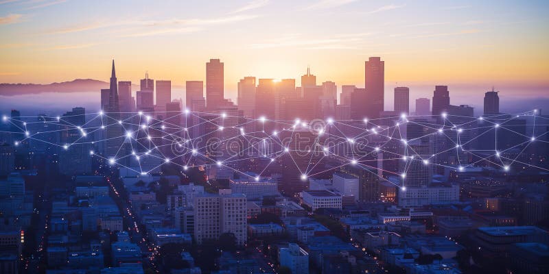 Modern City Landscape Showing Dots and Line Representing High-speed ...