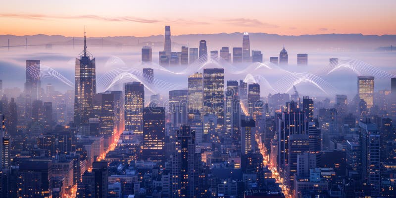 Modern City Landscape Showing Dots and Line Representing High-speed ...