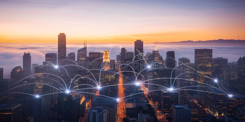 Modern City Landscape Showing Dots and Line Representing High-speed ...