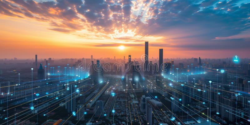 Modern City Landscape Showing Dots and Line Representing High-speed ...