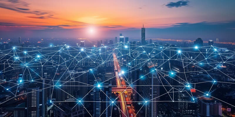 Modern City Landscape Showing Dots and Line Representing High-speed ...