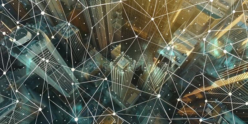 Modern City Landscape Showing Dots and Line Representing High-speed ...