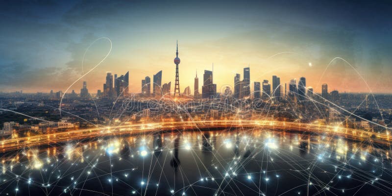 Modern City Linked by Neural Networks. Stock Illustration ...