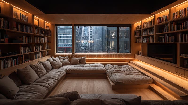 Modern City Loft Library with Built-in Seating and Bookshelves Stock ...