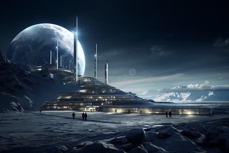 People Live in Modern City on Planet with Full Moon the Future City ...