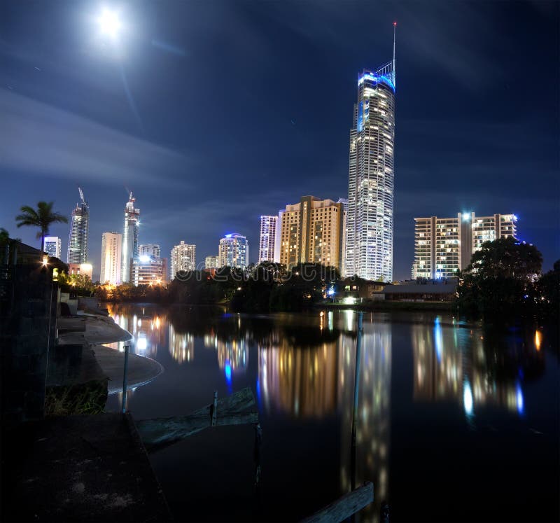Modern City at Night with Street Lights Stock Image - Image of blue ...