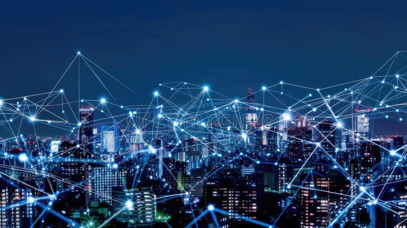 A Modern City at Night, Featuring Digital Lines and Data Points ...